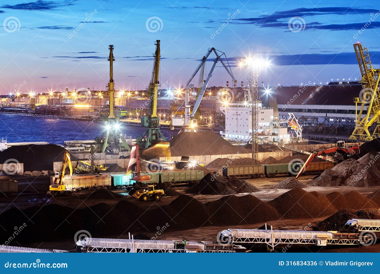 Dry Bulk Cargo Terminal, Handling Coal at Night. Stock Photo - Image of ...