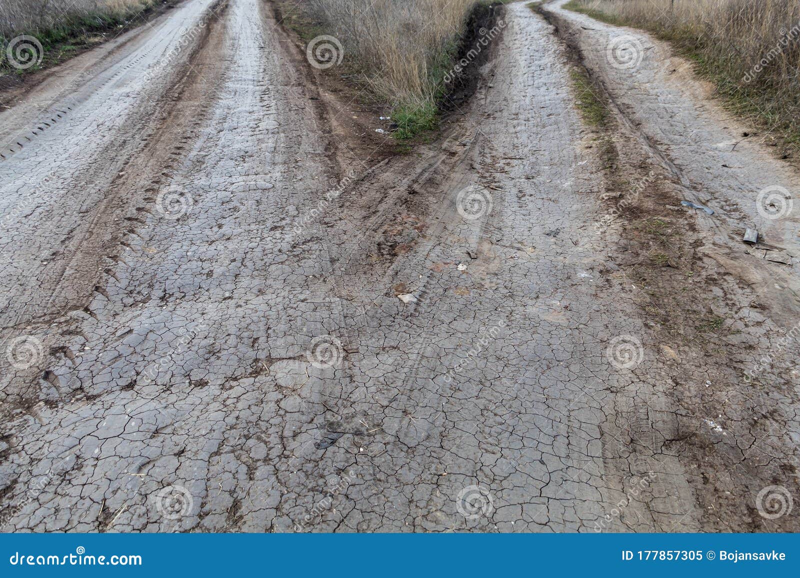 Dry Cracked Dirt Road Splitting To Two Sides Stock Image - Image of ...