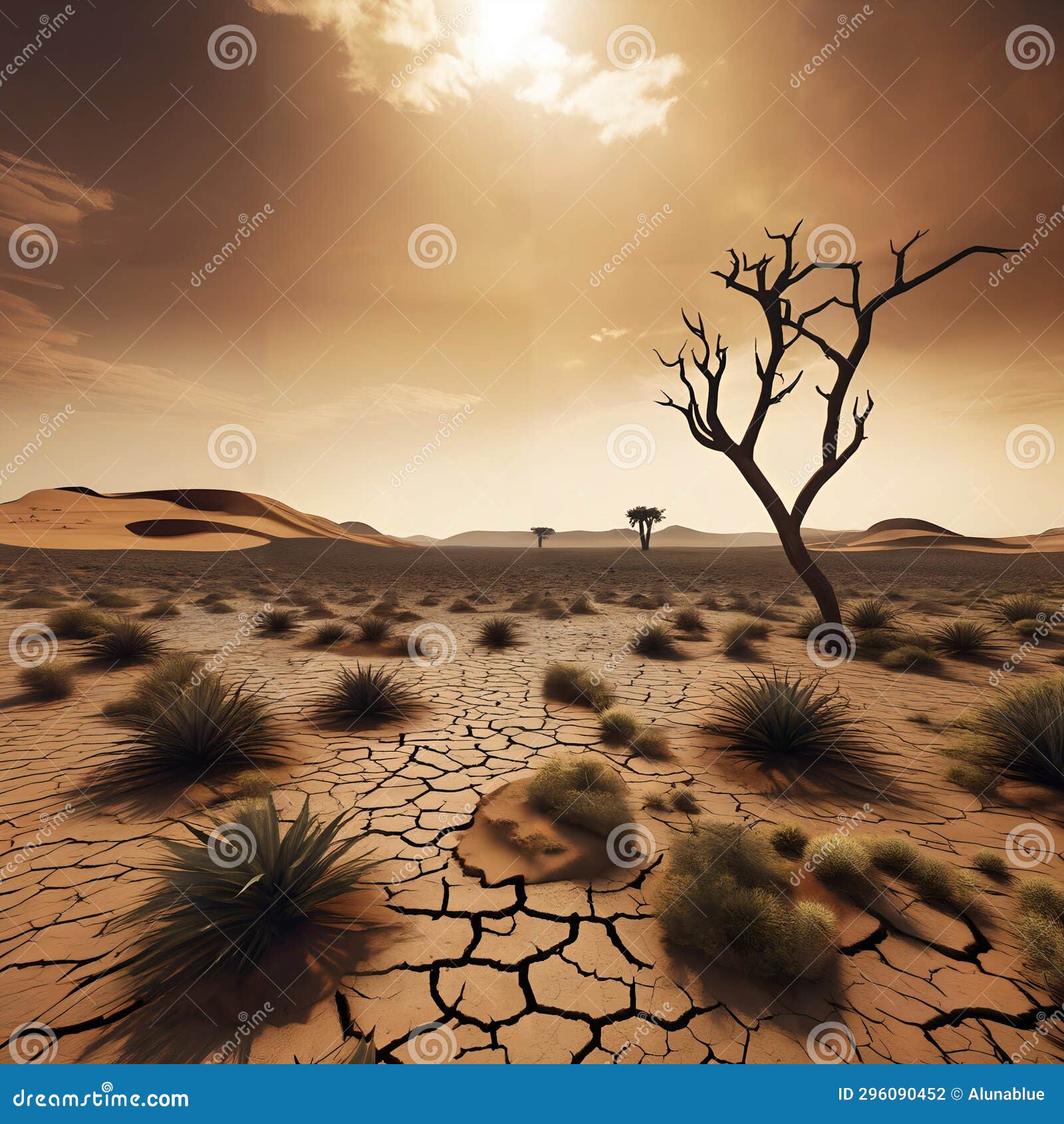 A Dry Desert Caused by Climate Change with a Tree and Bushes. Stock ...