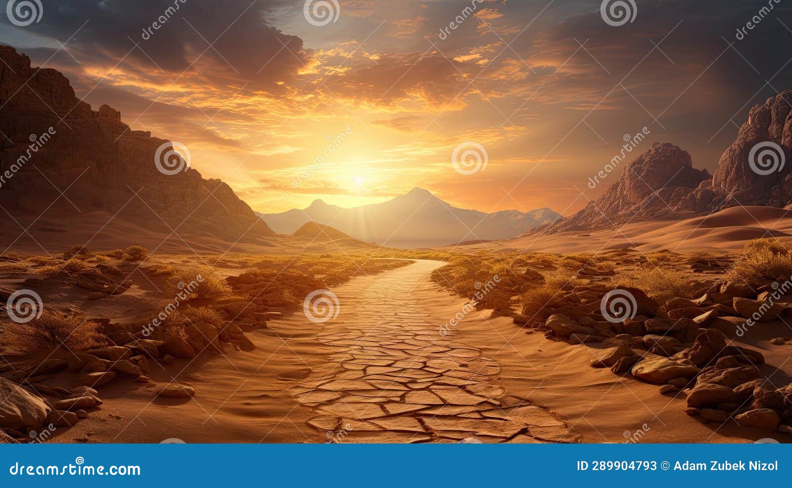 A Dry Desert with Mountains and Sun Stock Illustration - Illustration ...