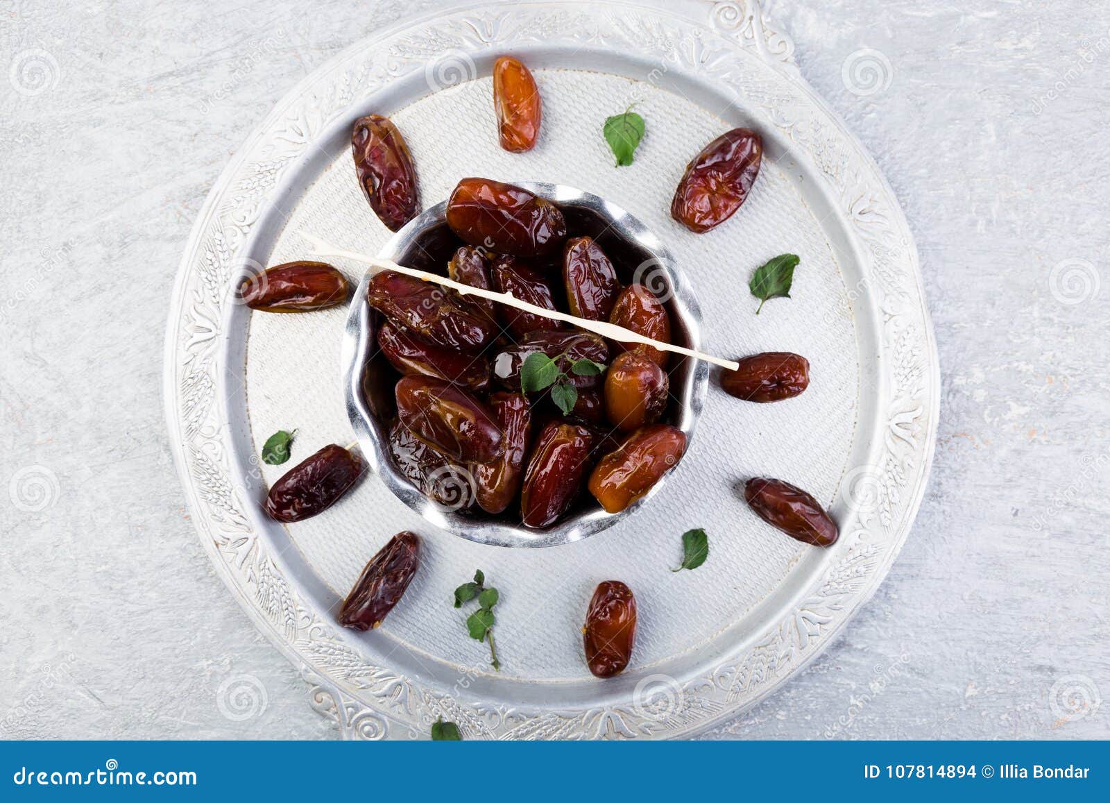 Dry Fruit Dates on Silver Tray. Copy Space Stock Photo - Image of date ...