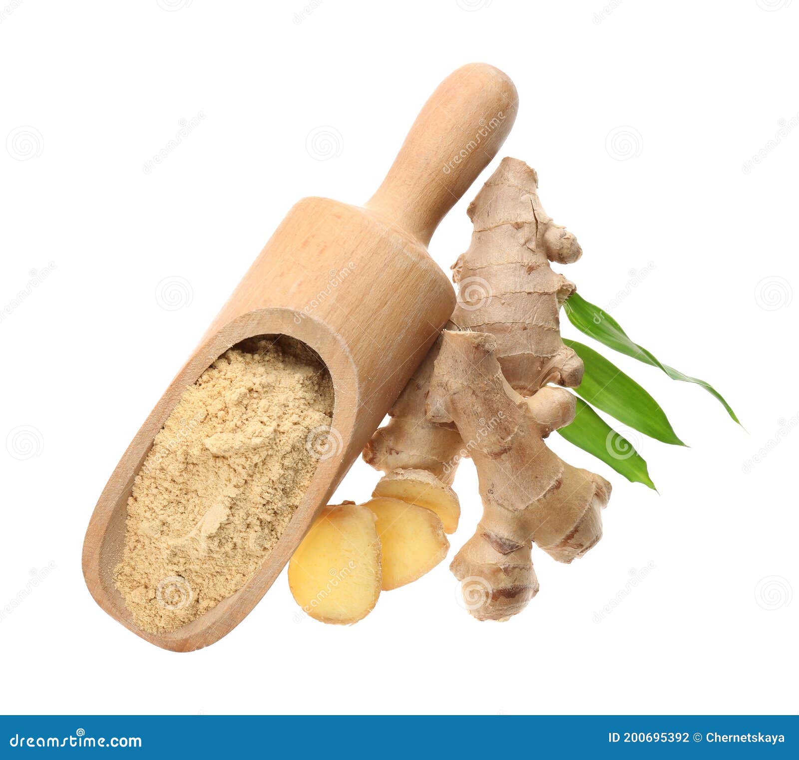 Dry Ginger Powder, Fresh Root and Leaves Isolated on White, Top View ...