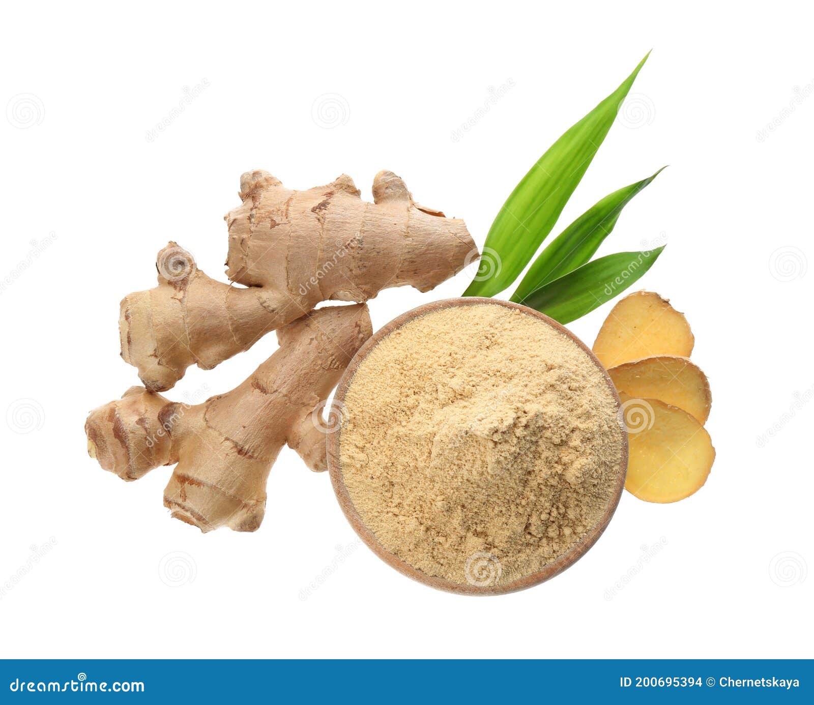 Dry Ginger Powder, Fresh Root and Leaves Isolated on White, Top View ...