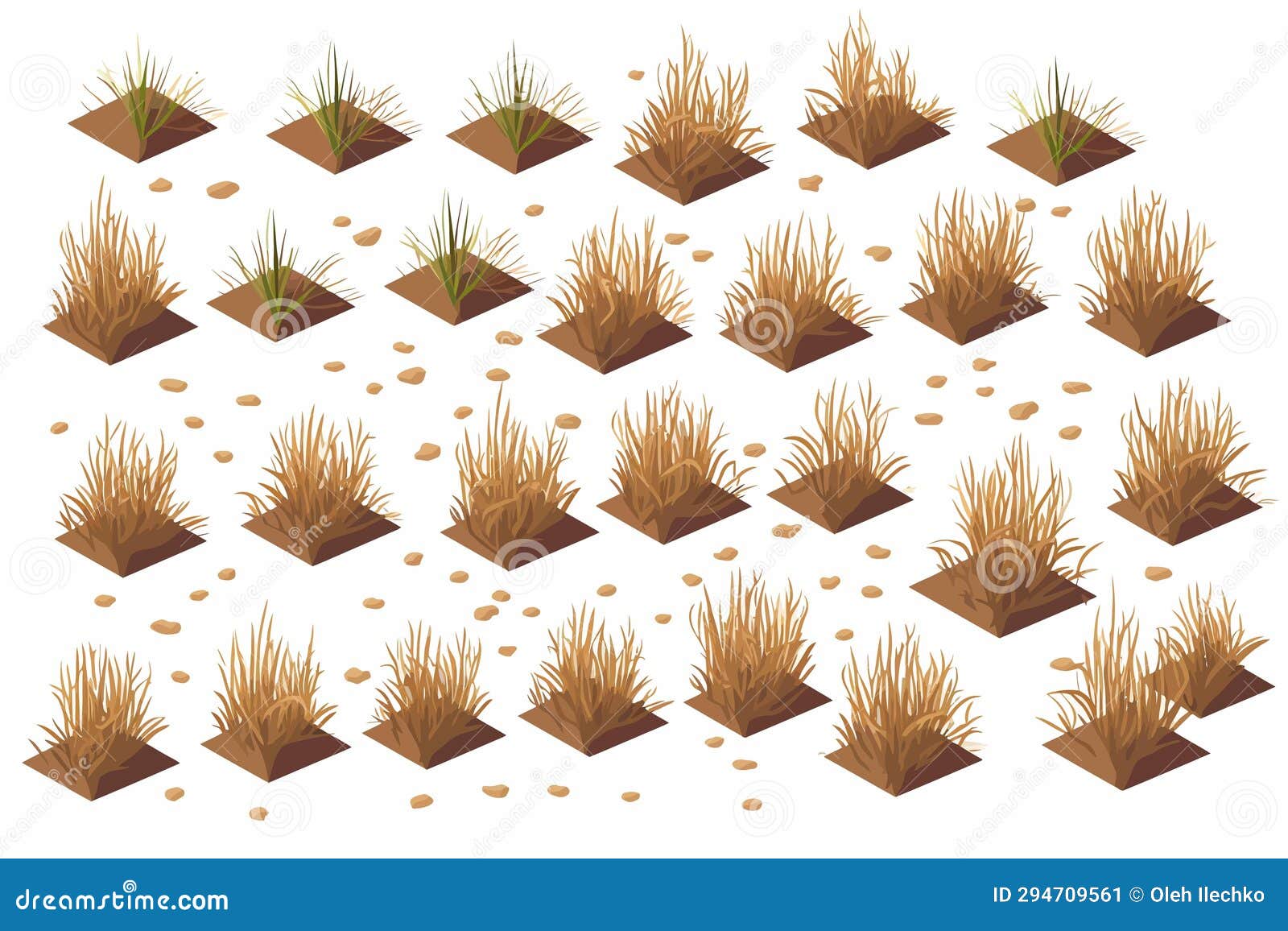 Dry Grass Patches Set Isometric Vector Flat Isolated Vector Style ...