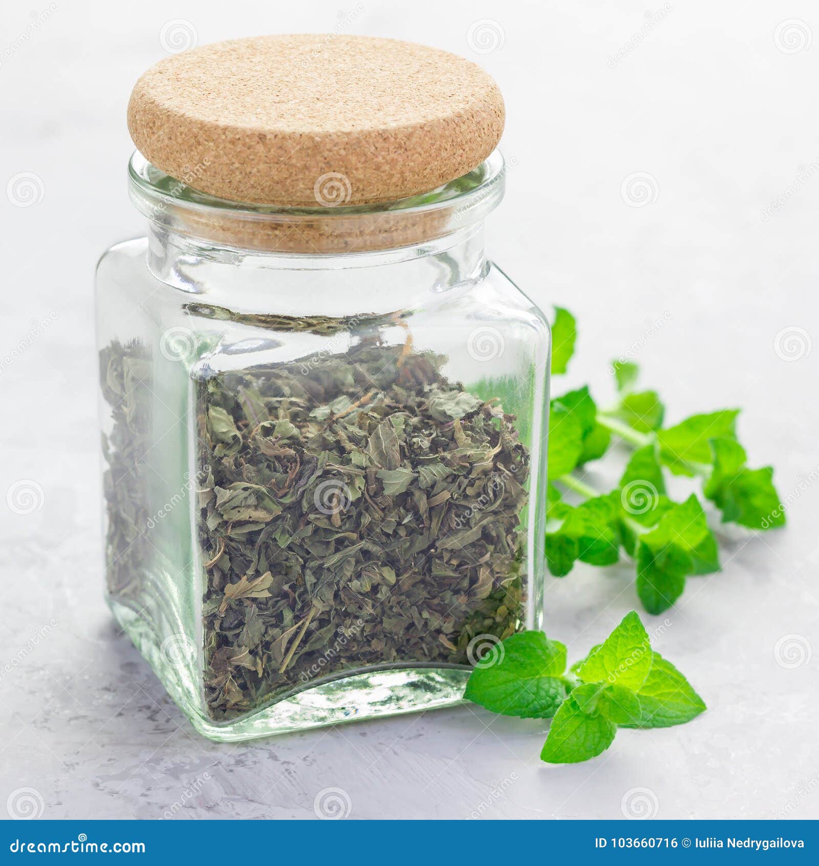 Dry Herbal Mint Tea in a Glass Jar with Fresh Peppermint on Background ...
