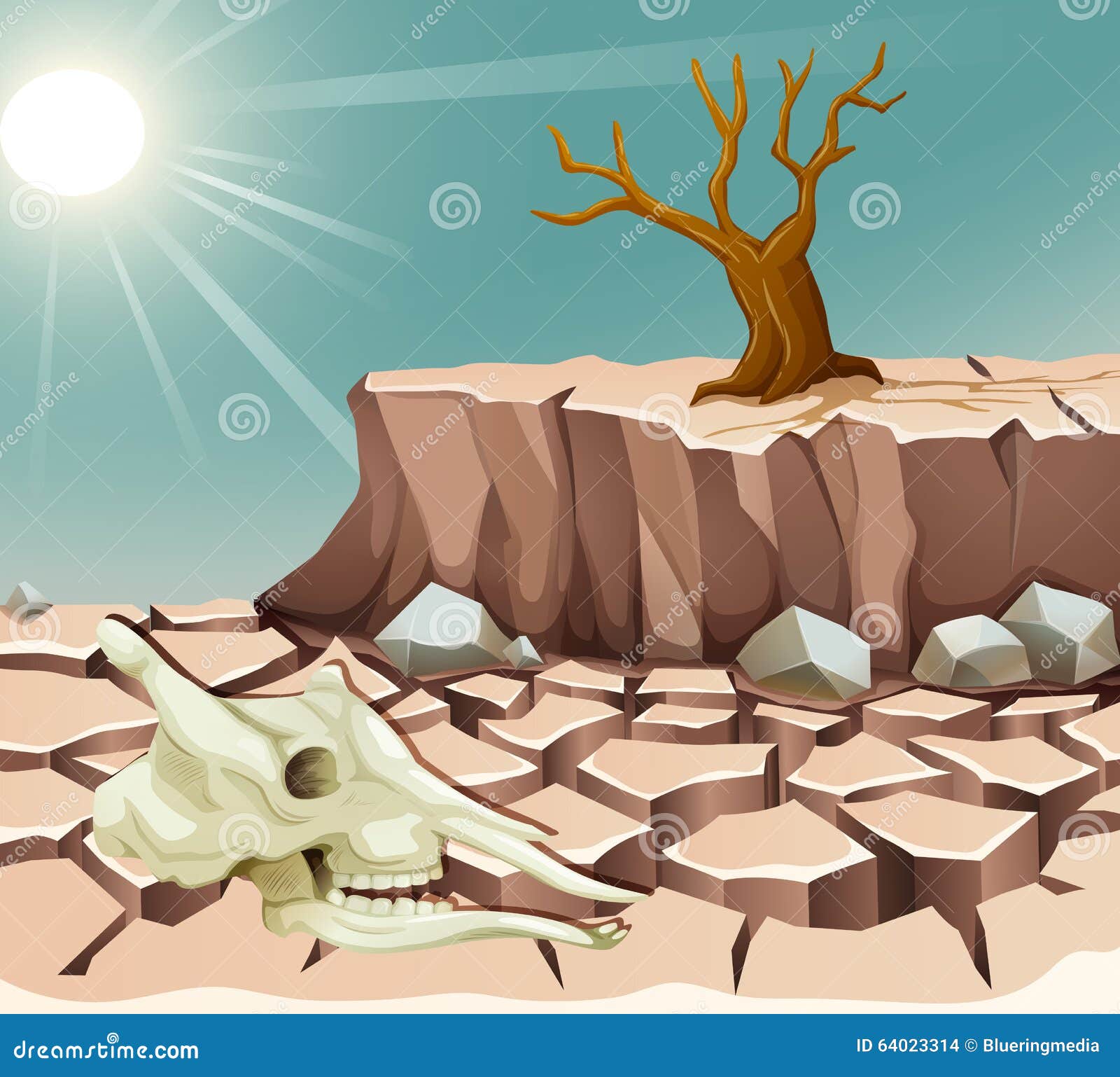 Dry Land with Animal Skull and Tree Stock Illustration - Illustration ...