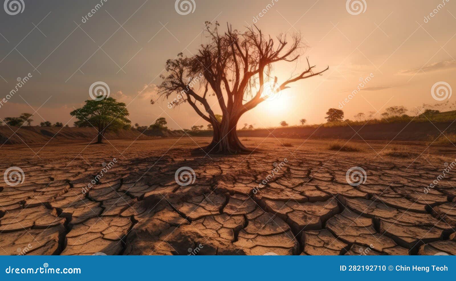 Dry Land with Dead Tree in the Sunset, Namibia. Generative AI Stock ...