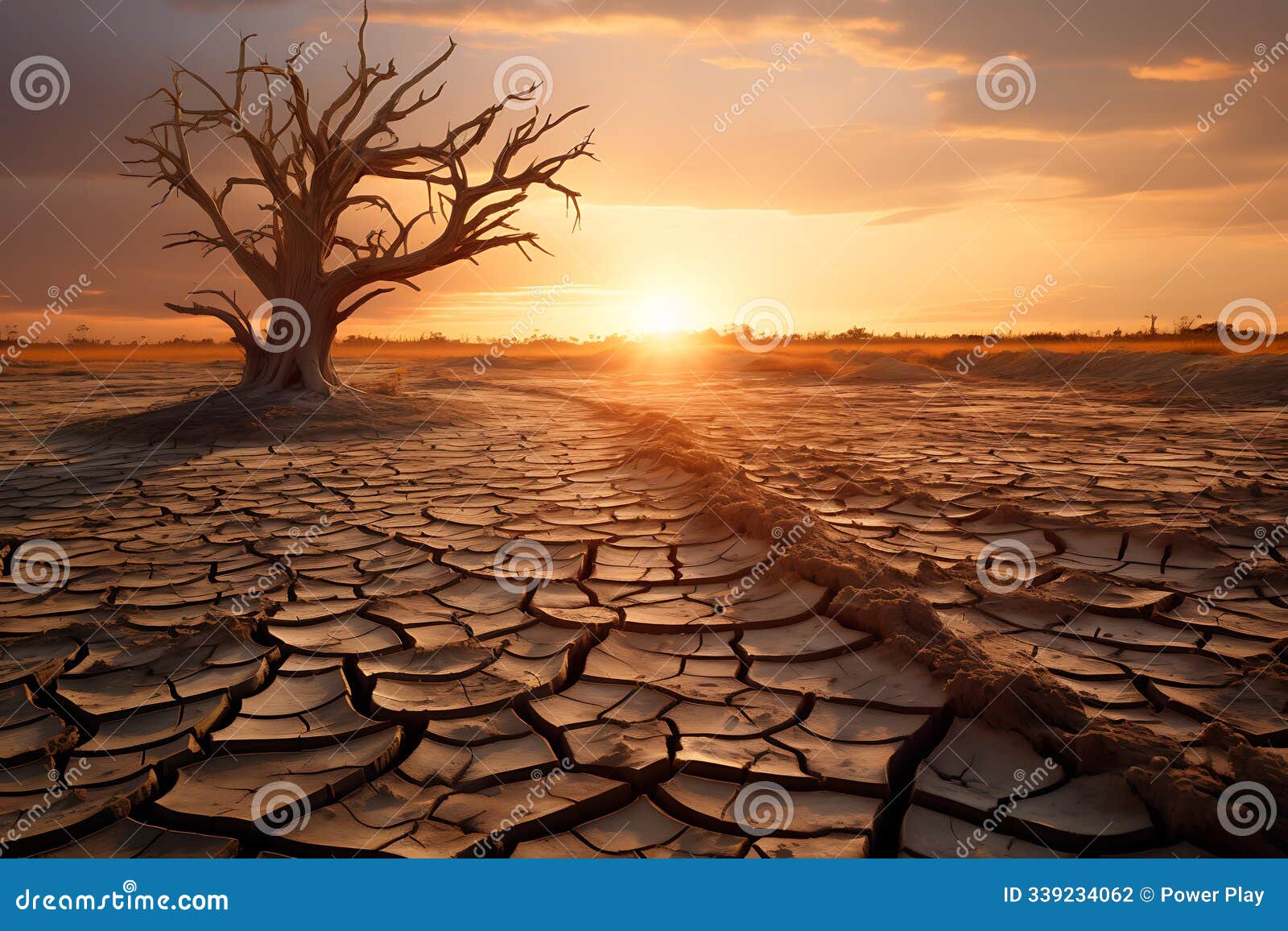 Dry Land with Dry Tree at Sunset. Global Warming Concept Stock Illustration - Illustration of ...