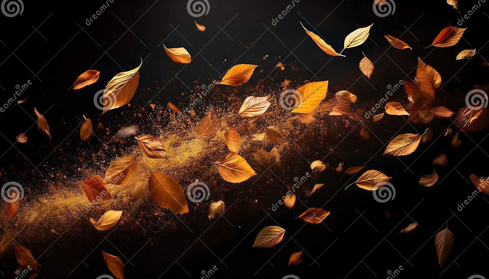 Dry Leaves Flyingon a Black Background Create a Vibrant Effect Stock ...