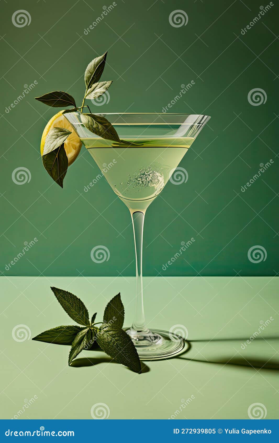 Dry Martini With Lime On Sage Green Background Illustration Ai Generative Stock Illustration