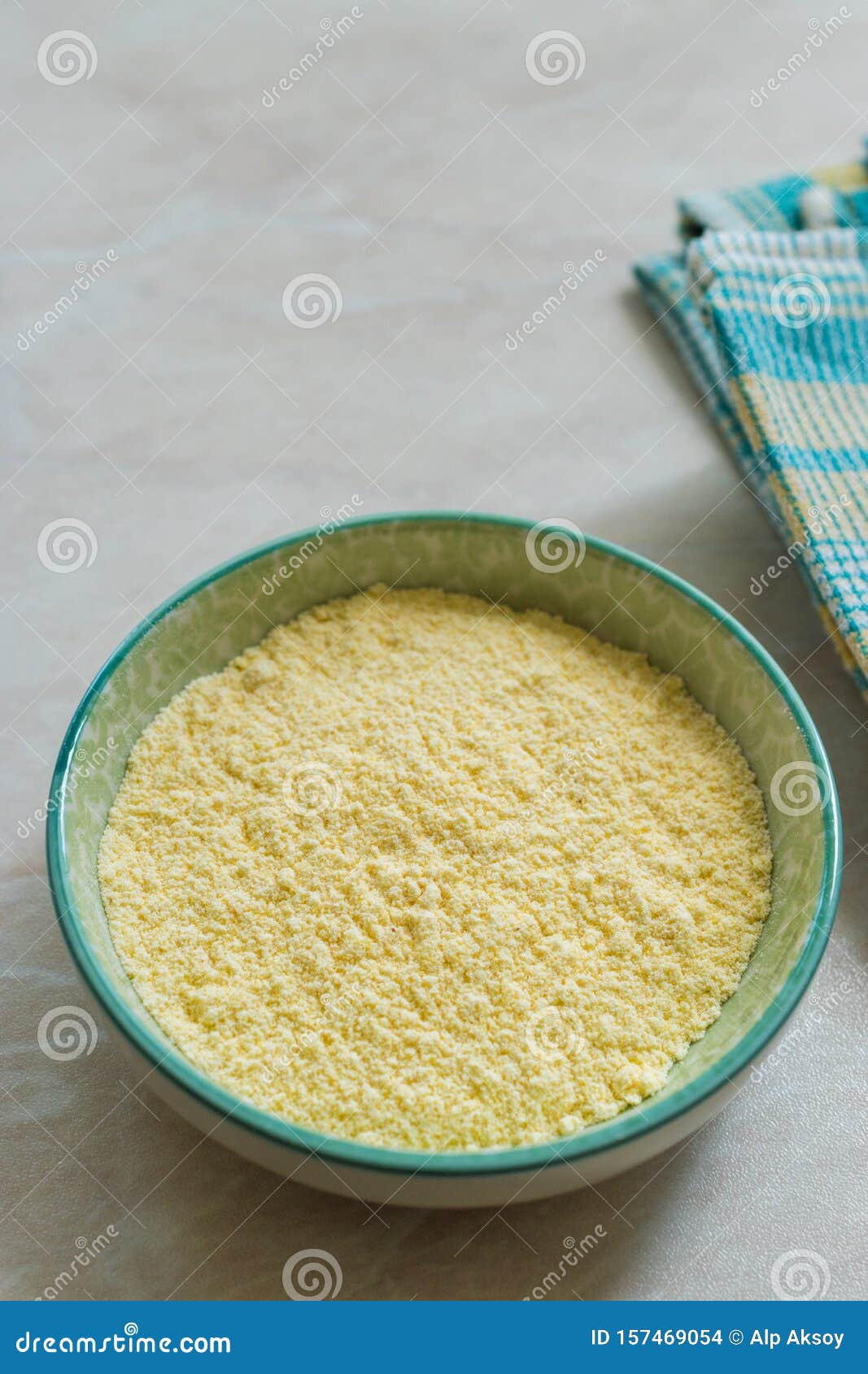 Dry Organic Corn Meal Flour in Ceramic Bowl Stock Photo - Image of ...