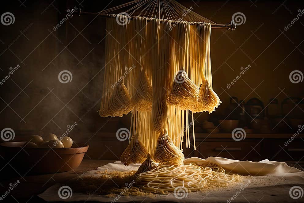 Dry Pastahanging from String, Ready To Be Cooked Stock Illustration ...