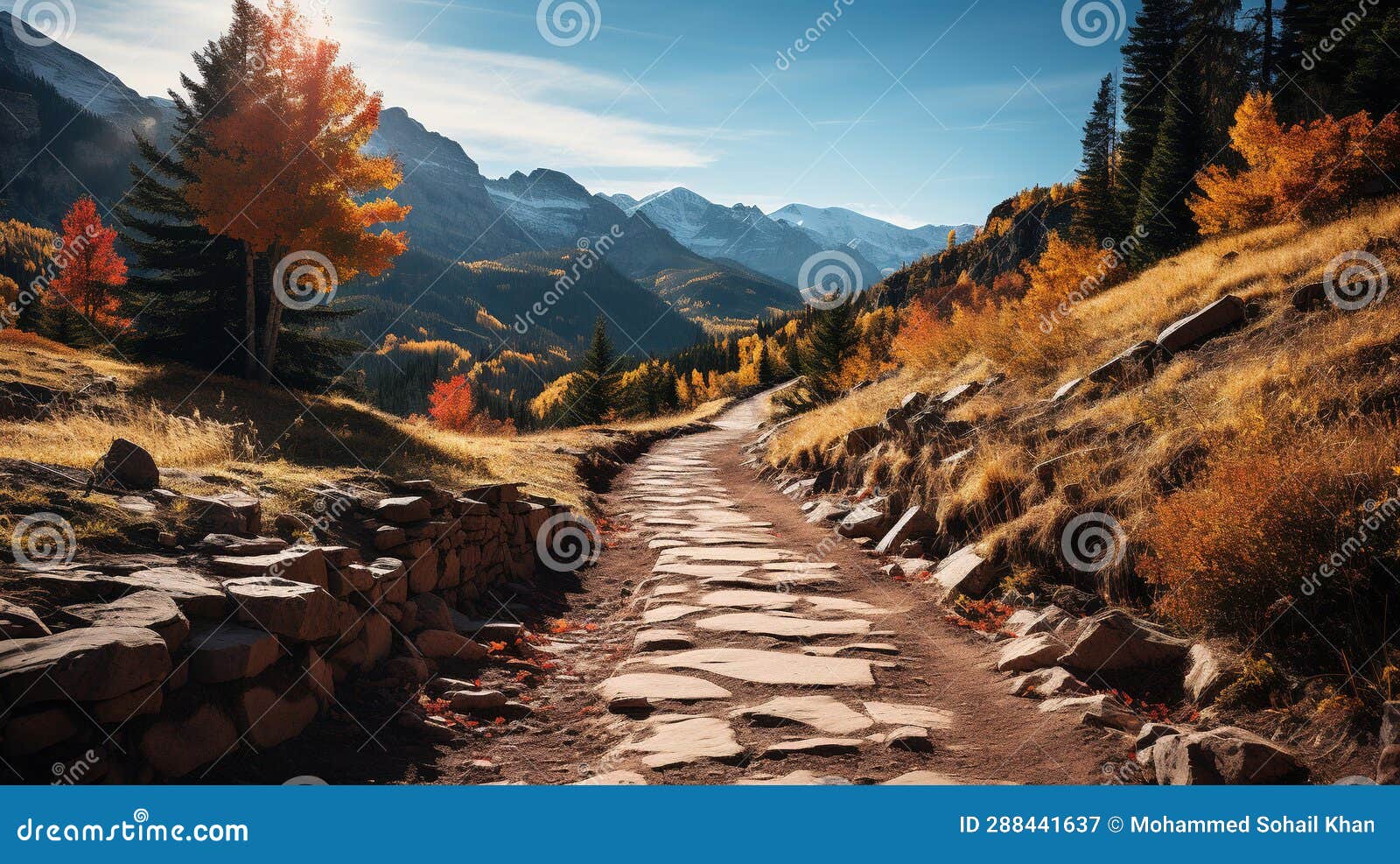 Dry Path of Mountains Autumn Trees Under Blue Sky Stock Illustration ...