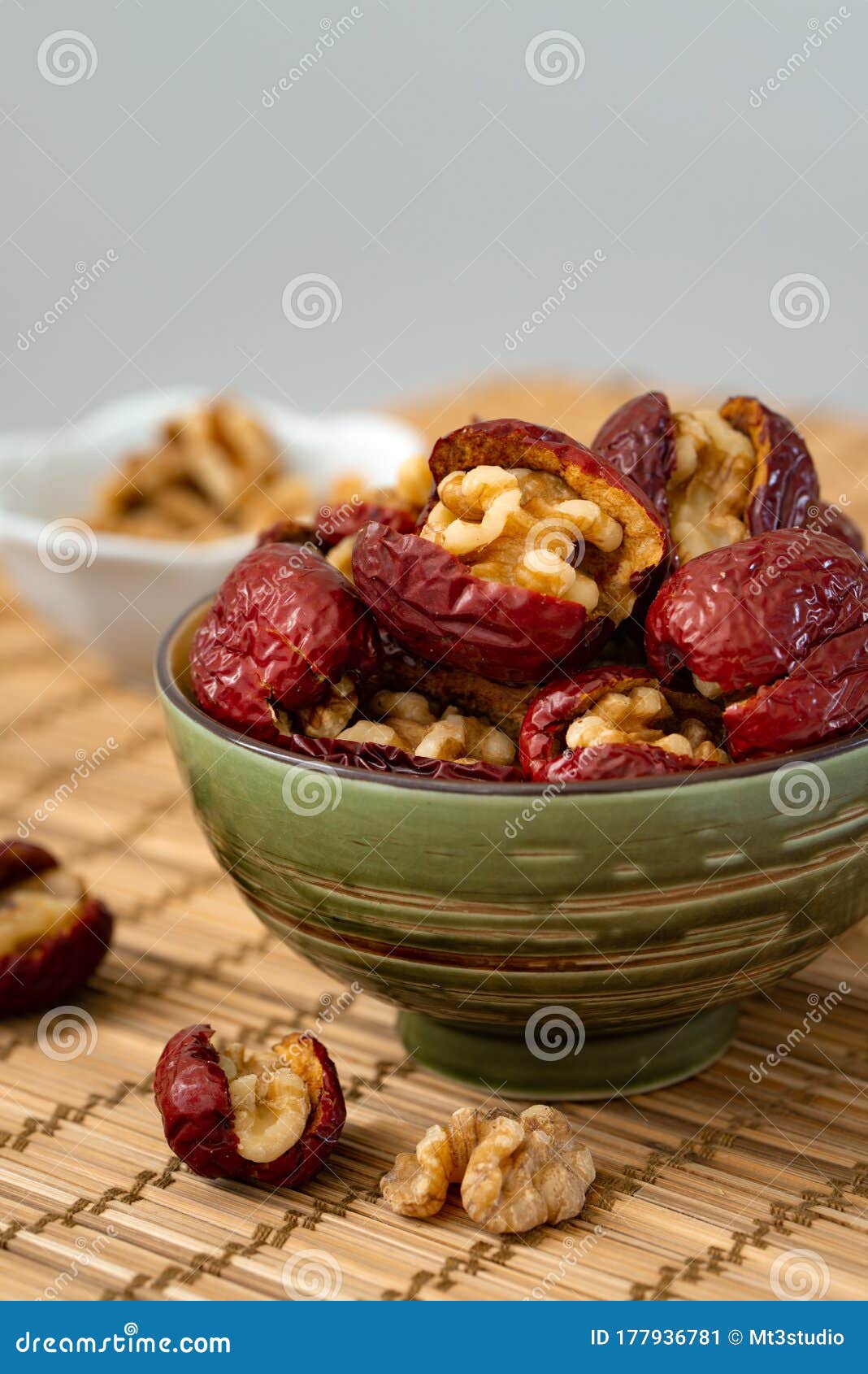 Dry red dates with walnuts stock image. Image of nutrition - 177936781