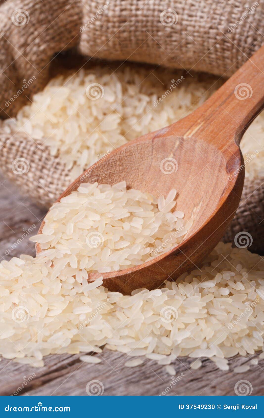 Dry Rice Macro Spill Out of the Bag on the Table Stock Photo - Image of ...
