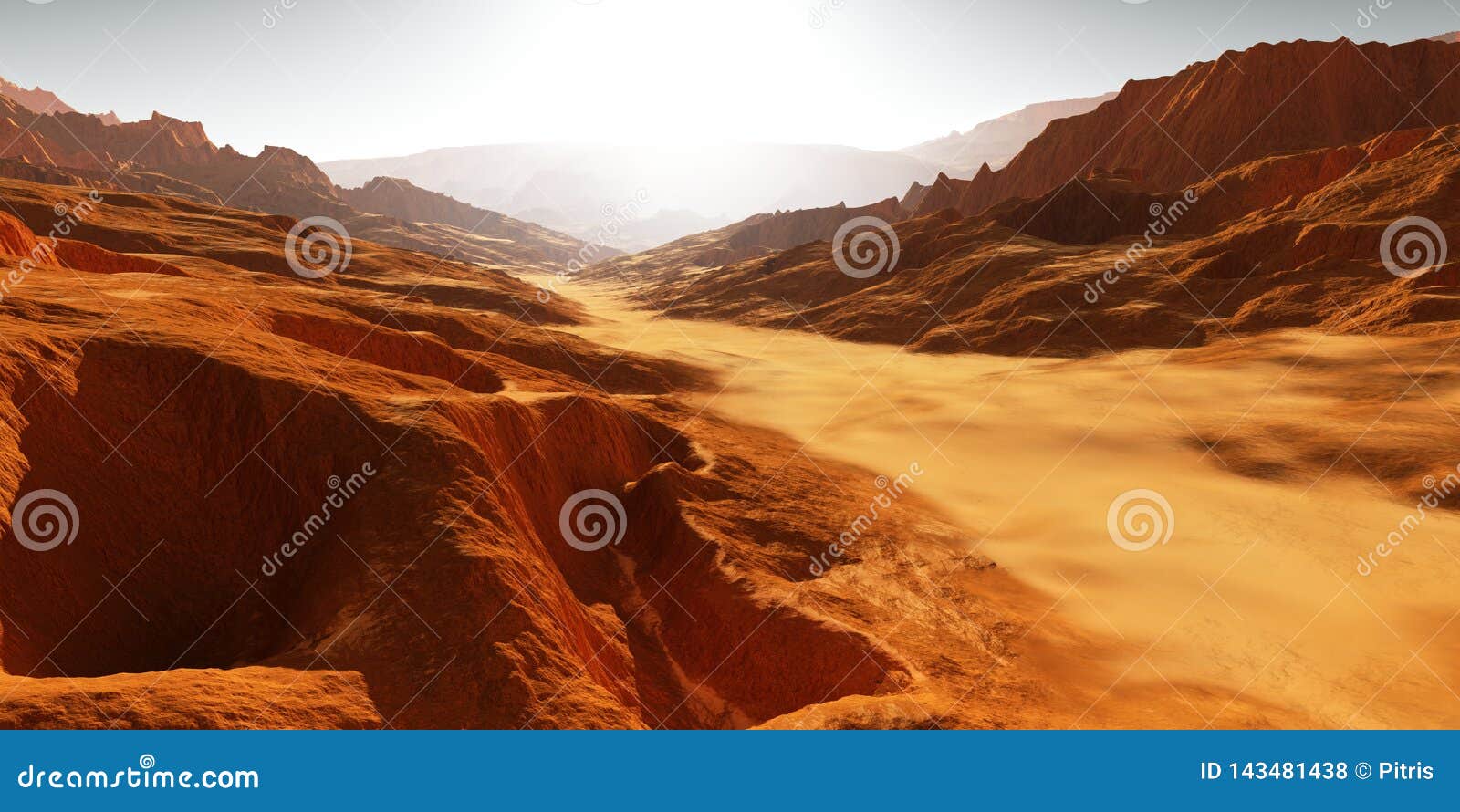 Dry River Bed on Mars. Sunset on Mars Stock Illustration - Illustration ...
