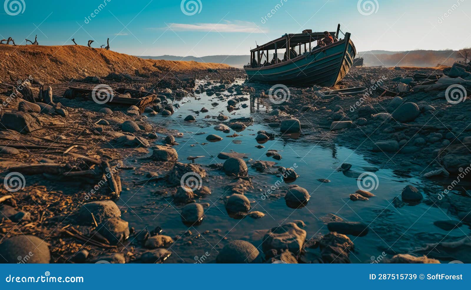 Dry Riverbed with Remnants of Stranded Boat. Abandoned Fishing Boat ...