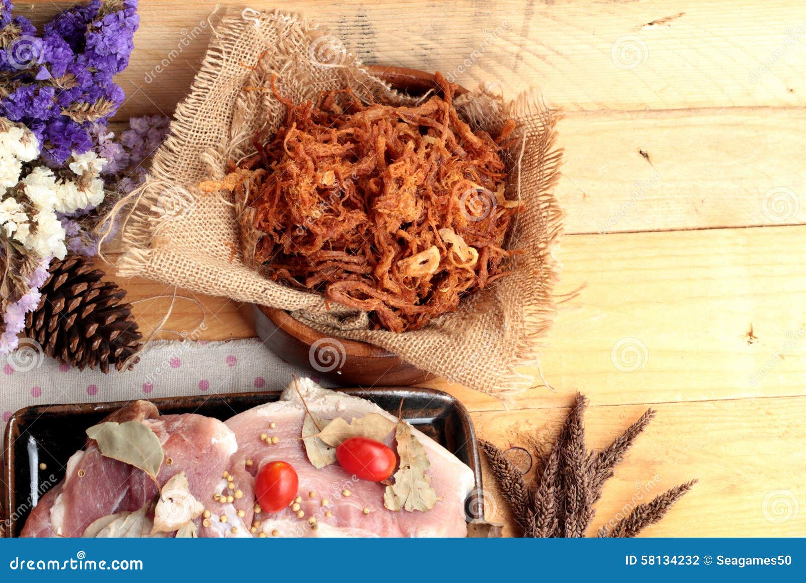 Dry Roast Pork into Strips and Raw Pork. Stock Photo - Image of diet ...
