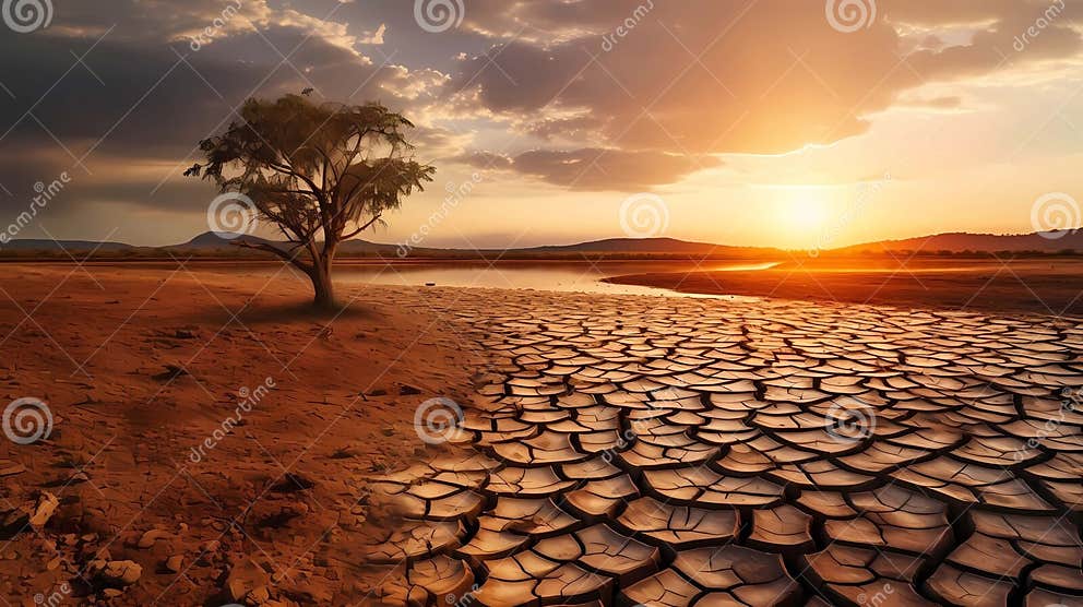 Dry Soil and Tree at Sunset, Drought and Global Warming Concept ...
