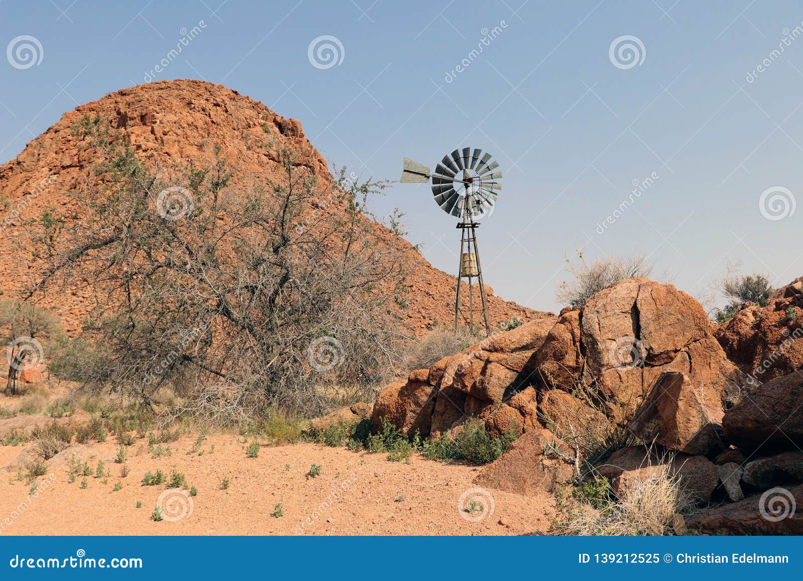Stone Desert with Windmill - Namibia Africa Stock Image - Image of ...