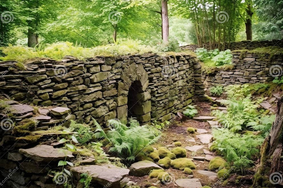 Dry Stone Wall with a Small Waterfall Feature Stock Photo - Image of ...