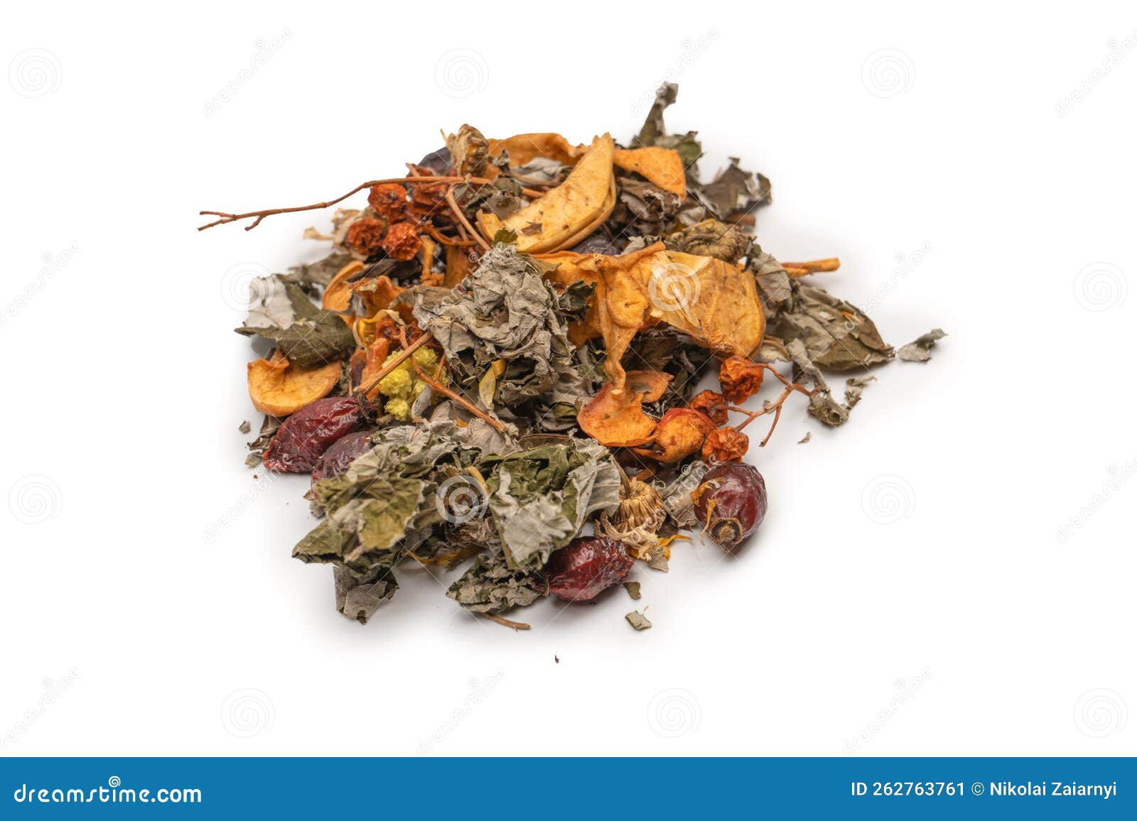 Dry Tea Leaves and Dry Fruit Isolated on White Background Stock Image ...
