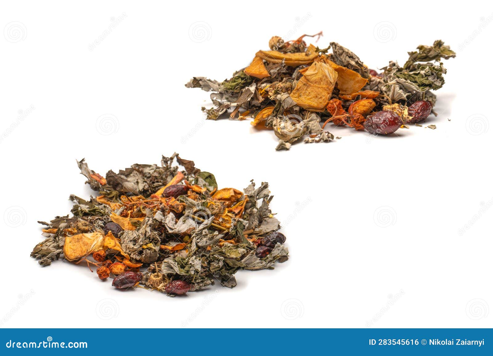Dry Tea Leaves and Dry Fruit Isolated on White Background Stock Photo ...