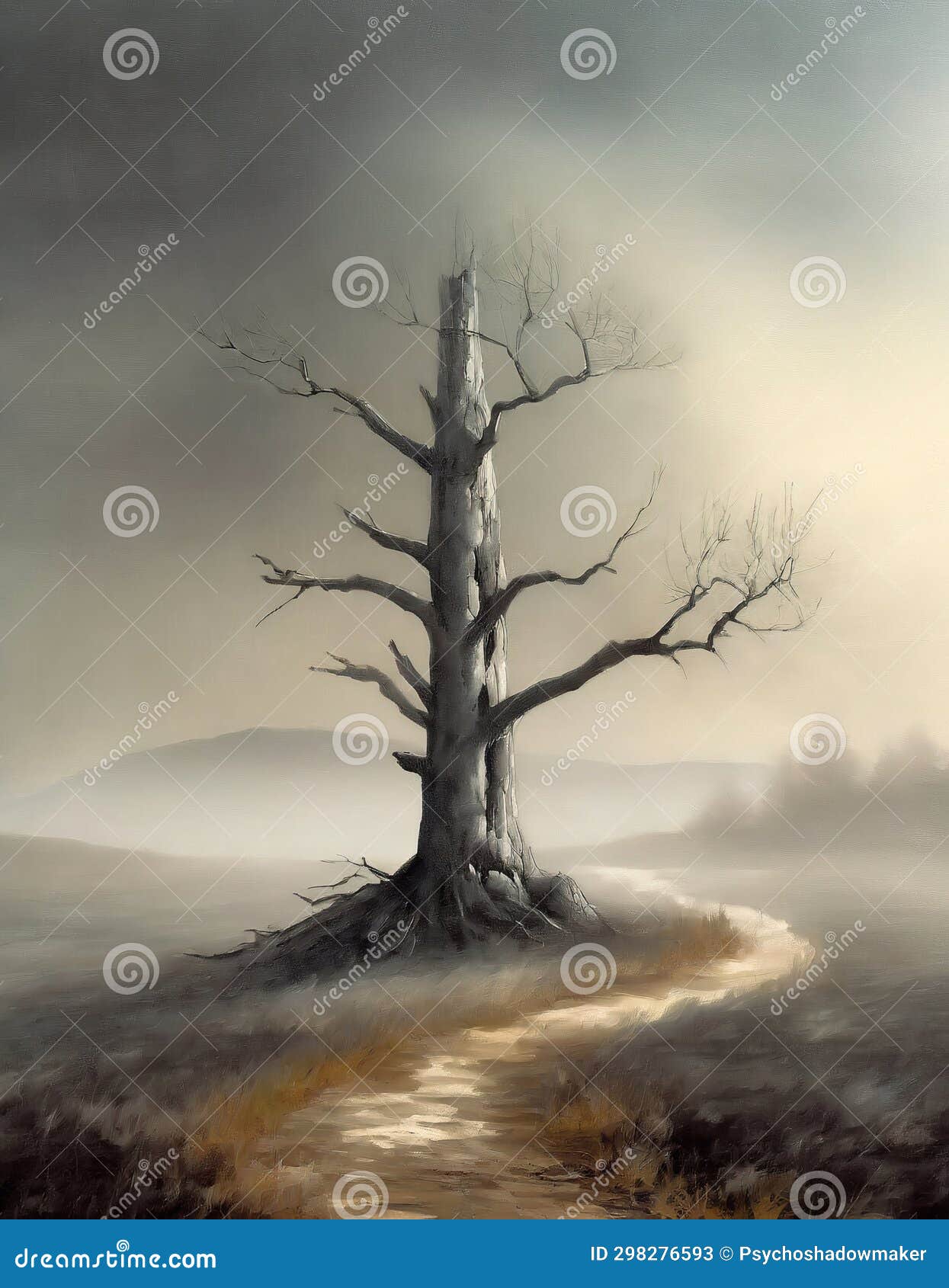 Dry Tree on the Dead Land Surrounded by Dense Mist and Silence Stock ...