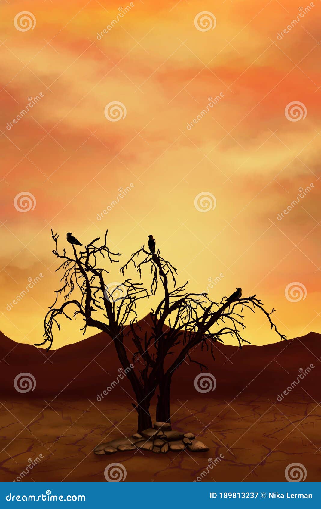 Dry Tree in the Desert and Three Ravens Stock Image - Image of bright ...