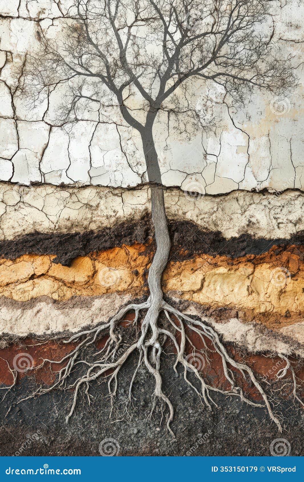Dry Tree with Exposed Roots in Layered Soil Cross-section Stock Image ...