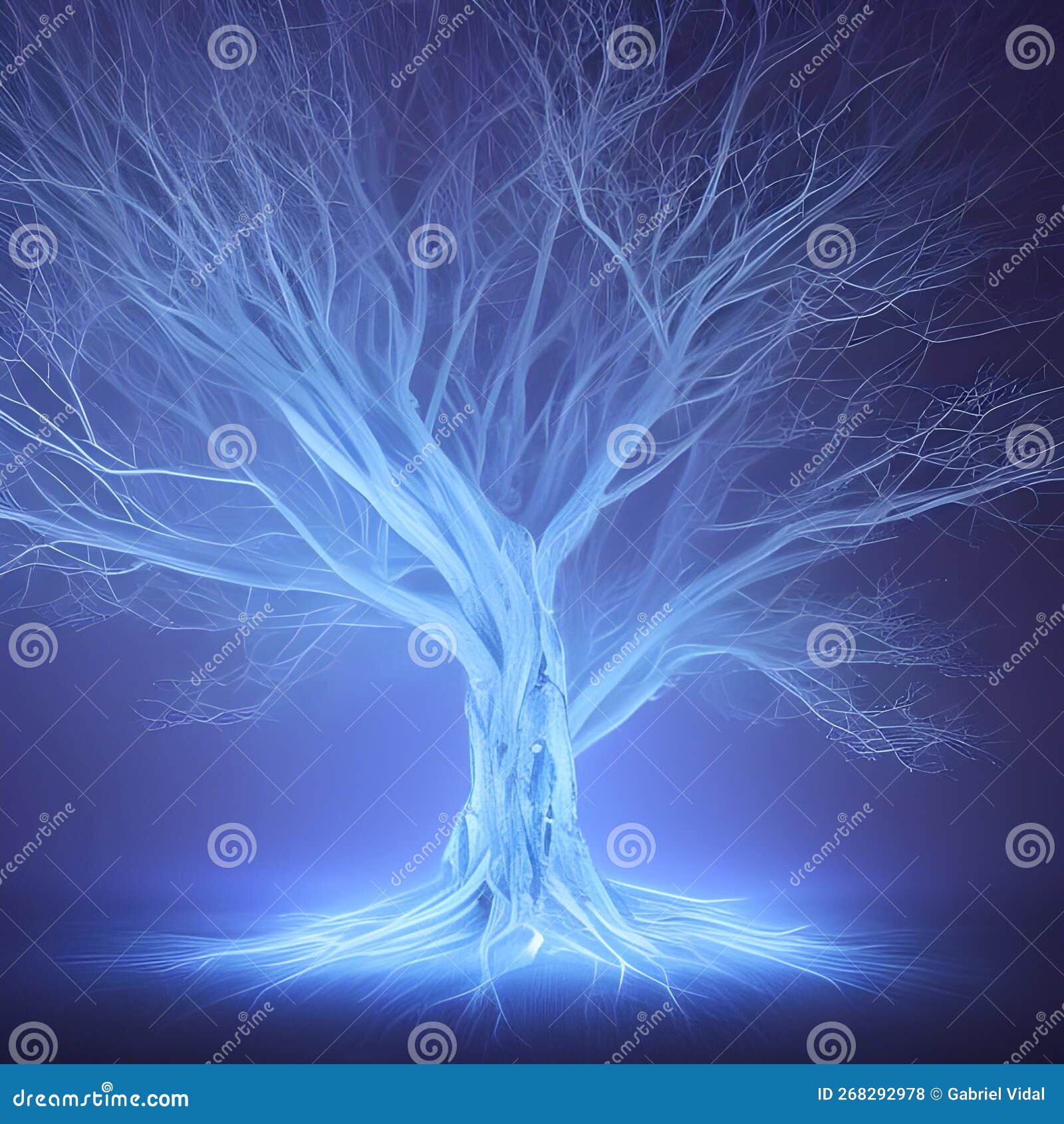 Dry Tree Glowing in a Blue Light in a Forest at Night. Artwork Created ...