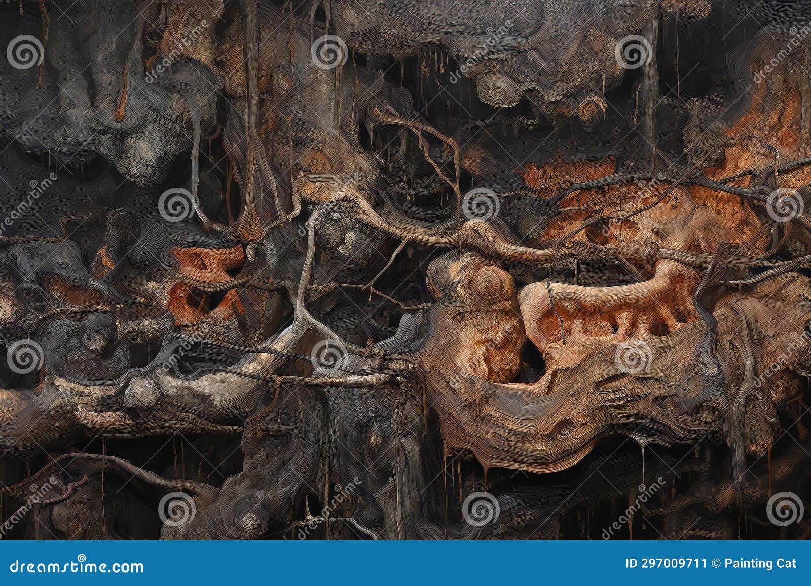 Dry Tree Roots and Human Skull in the Cave Stock Illustration ...