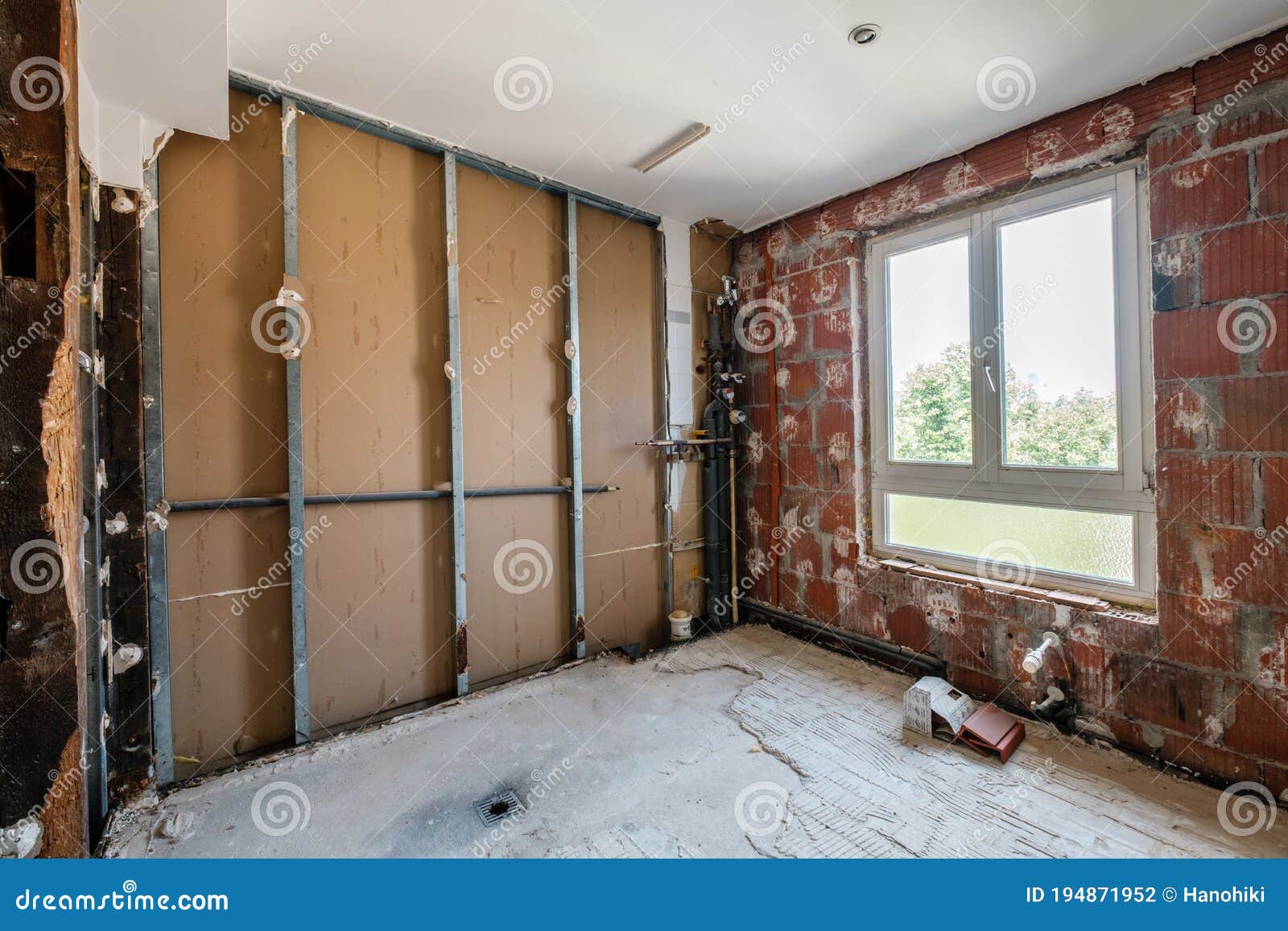 Dry Wall Construction in Empty Bathroom during Home Renovation Stock ...