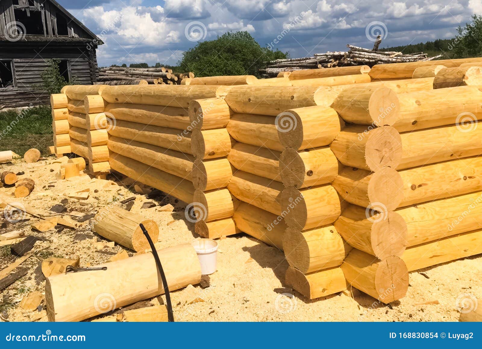 Drying and Assembly of Wooden Log House at a Construction Base Stock ...