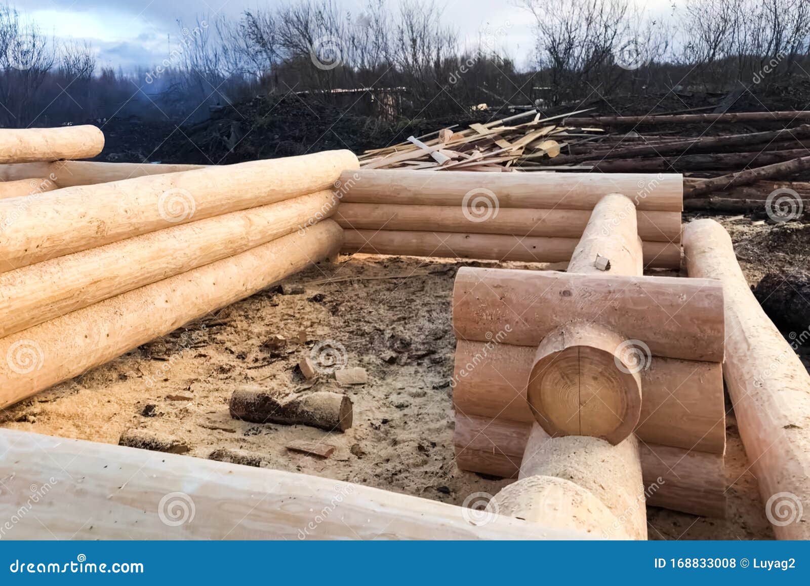 Drying and Assembly of Wooden Log House at a Construction Base Stock ...