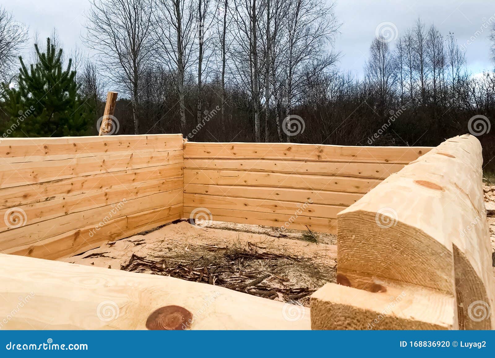 Drying and Assembly of Wooden Log House at a Construction Base Stock ...