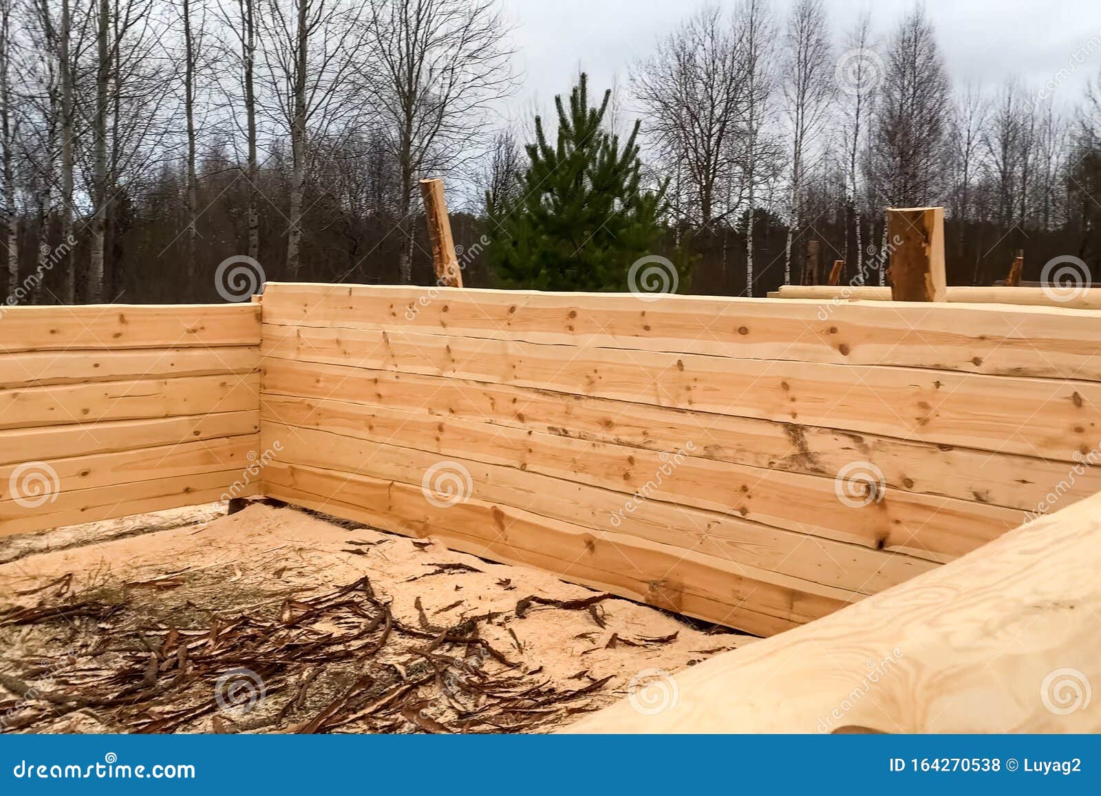 Drying and Assembly of Wooden Log House at a Construction Base Stock ...