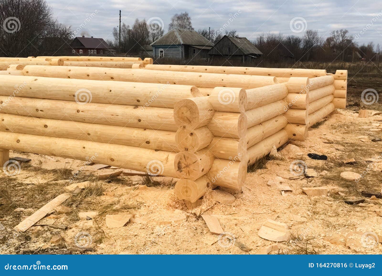 Drying and Assembly of Wooden Log House at a Construction Base Stock ...