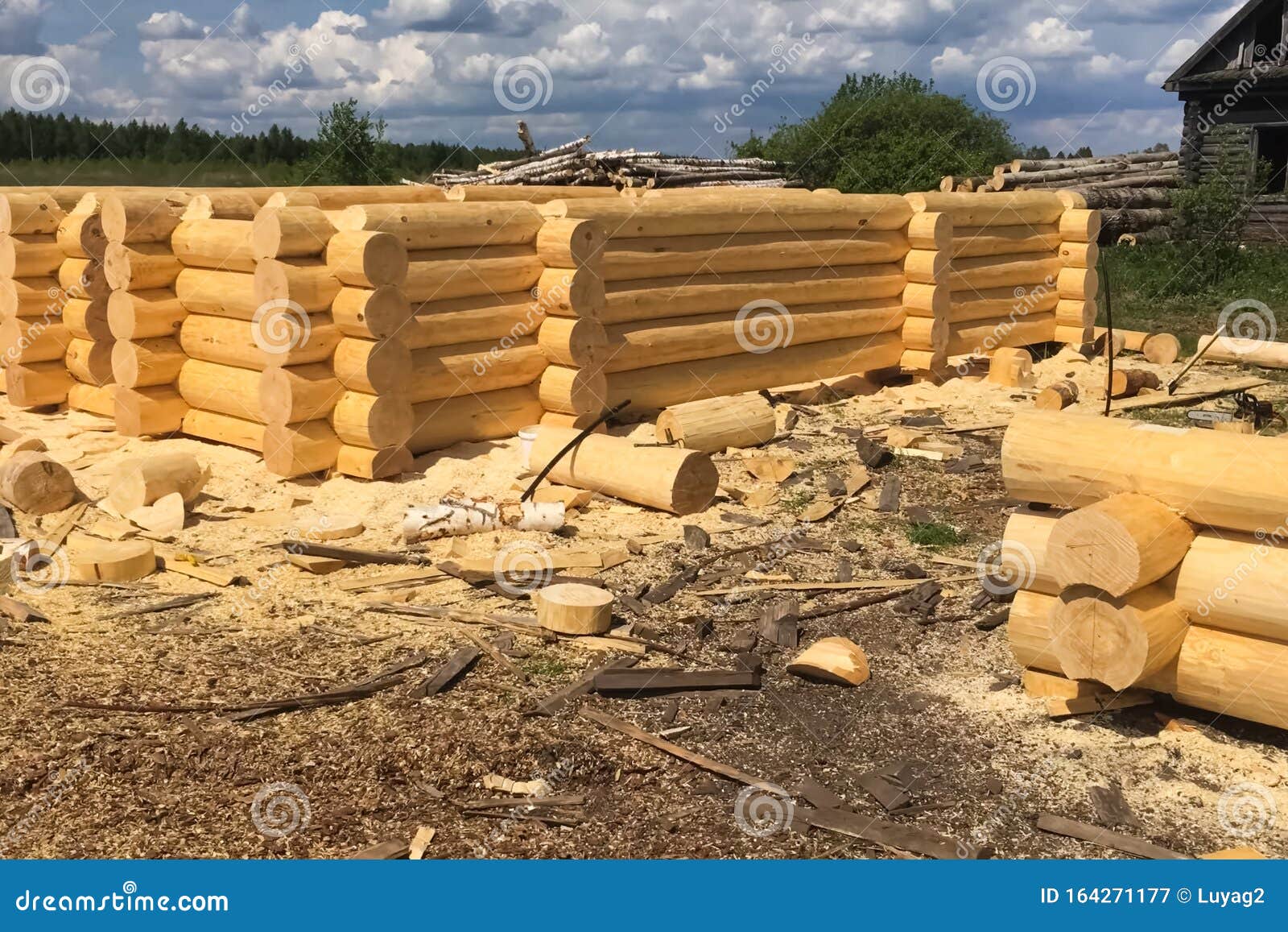 Drying and Assembly of Wooden Log House at a Construction Base Stock ...