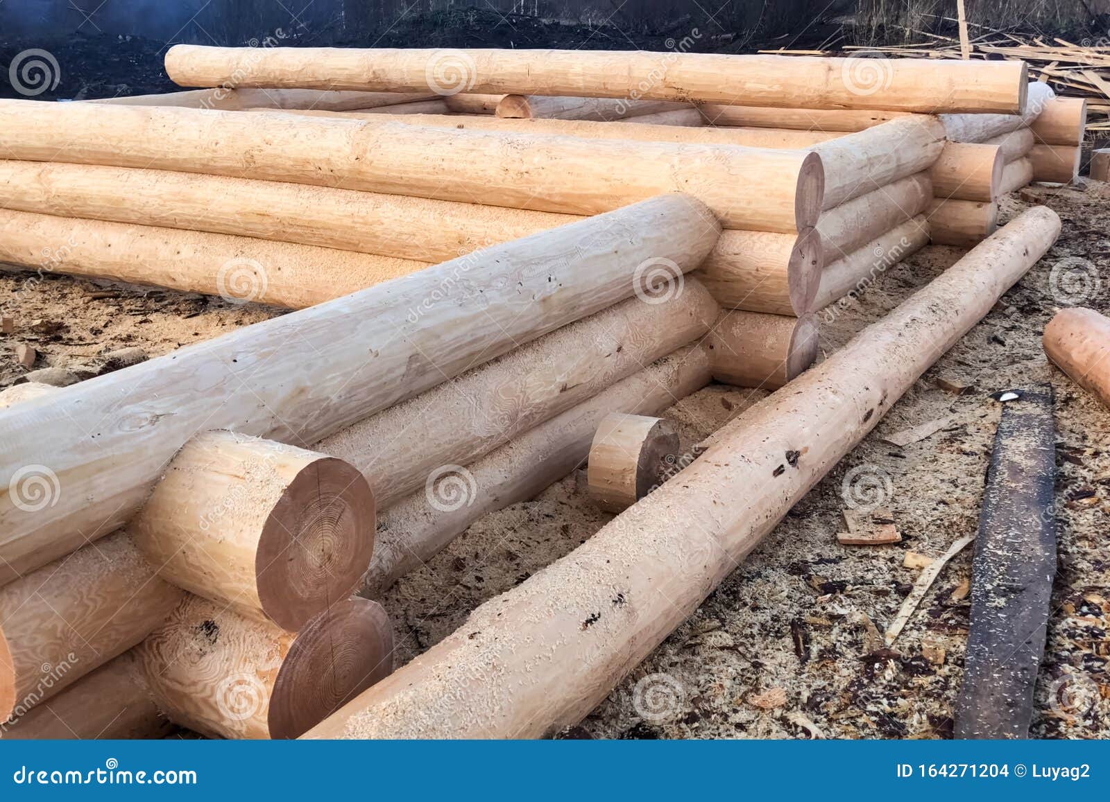 Drying and Assembly of Wooden Log House at a Construction Base Stock ...