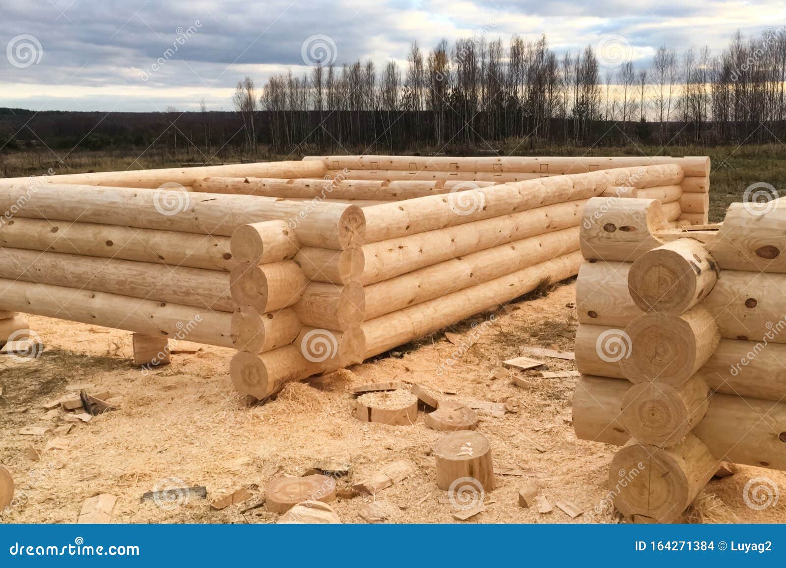 Drying and Assembly of Wooden Log House at a Construction Base Stock ...