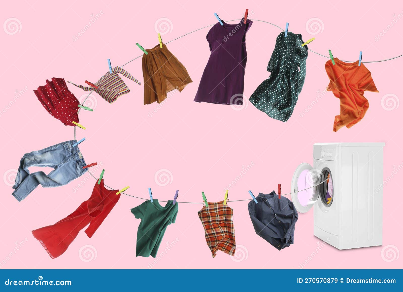 Drying Laundry. Rope with Different Clothes Flying Out from Washing ...