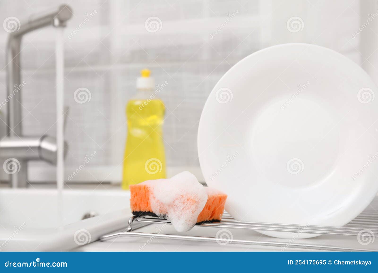 Drying Rack with Clean Plate and Soapy Sponge in Stylish Kitchen Stock ...