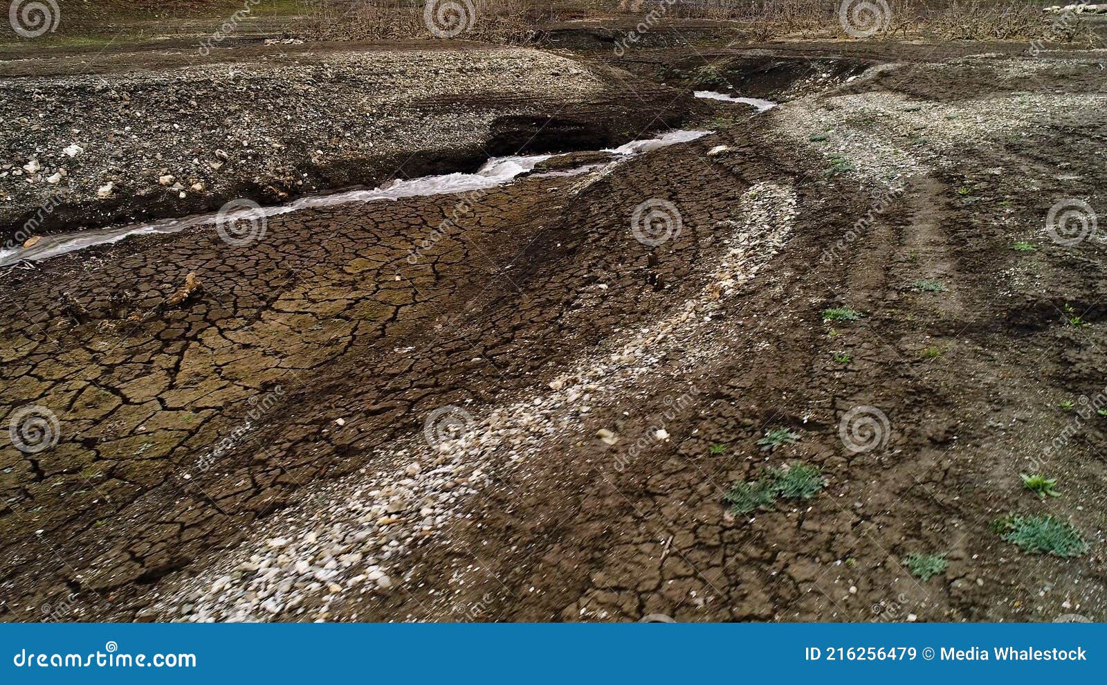Drying Up Stream. Shot. Cracking Clay On Surface Of Ground Near Drying ...