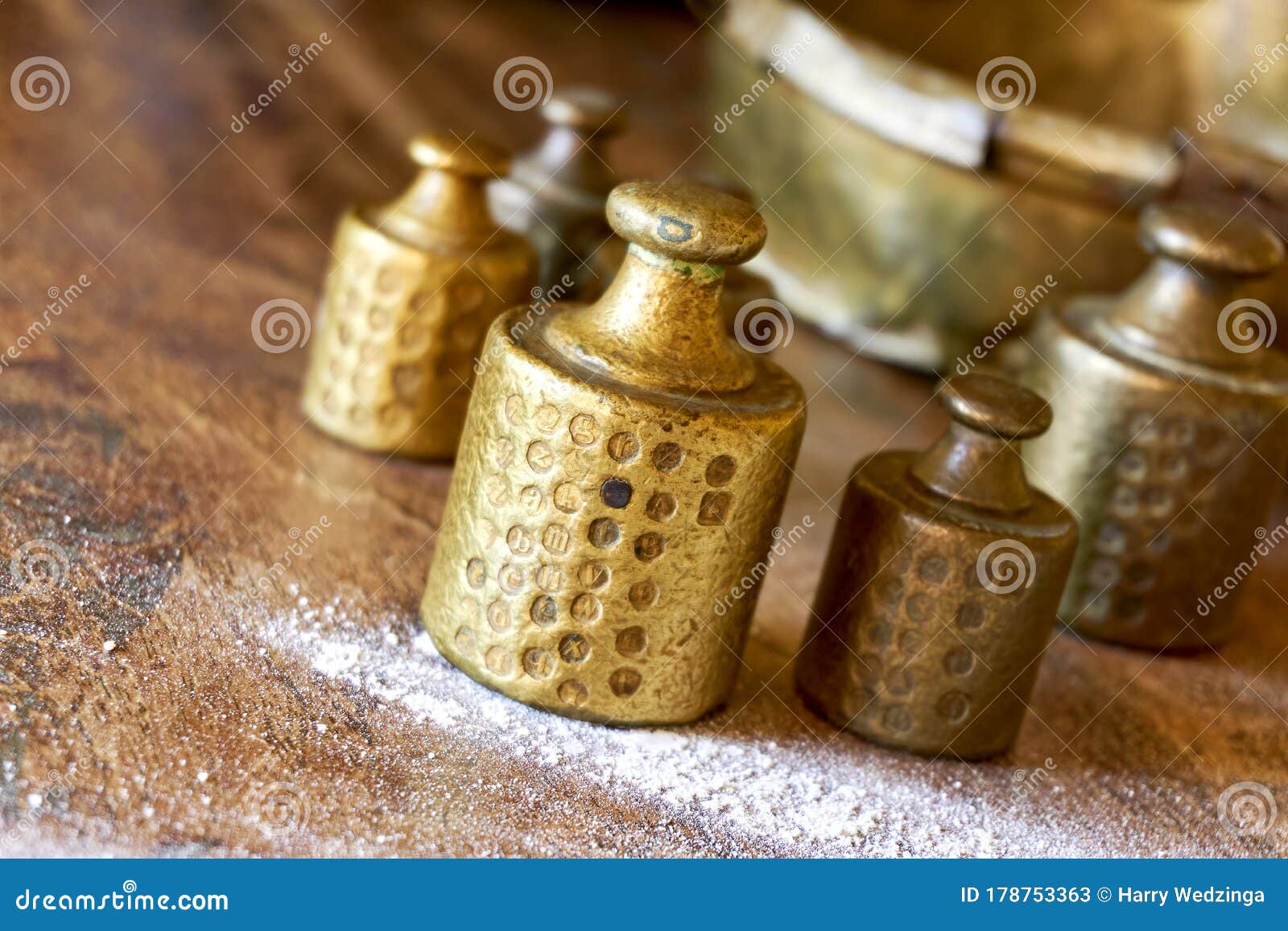 Old Copper Brass Scale Weights on a Table Stock Image - Image of copper ...