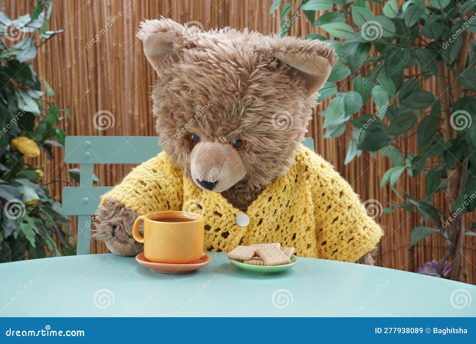 Seated Teddy Bear Having Tea and Cookies at a Bistro Table Stock Image ...