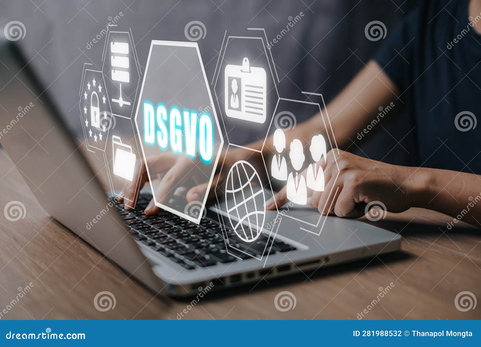 Person Working on Laptop Computer with DSGVO Icon on Virtual Screen ...