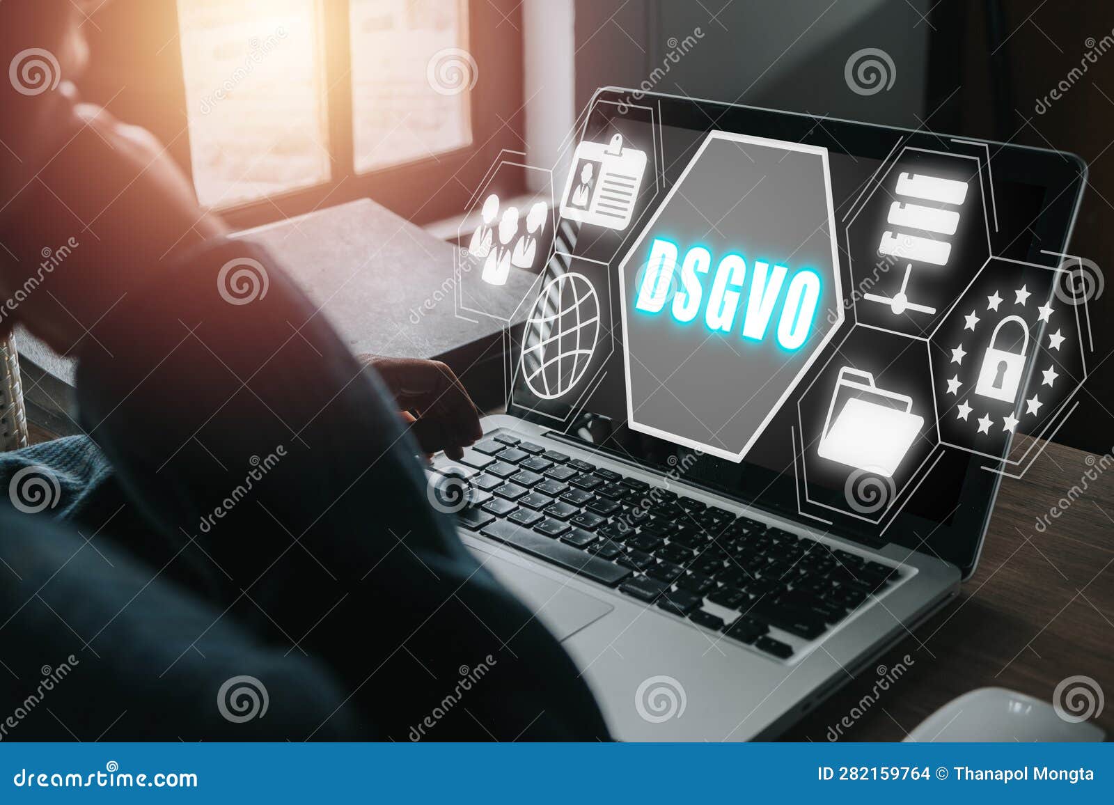 Person Working on Laptop Computer with DSGVO Icon on Virtual Screen ...