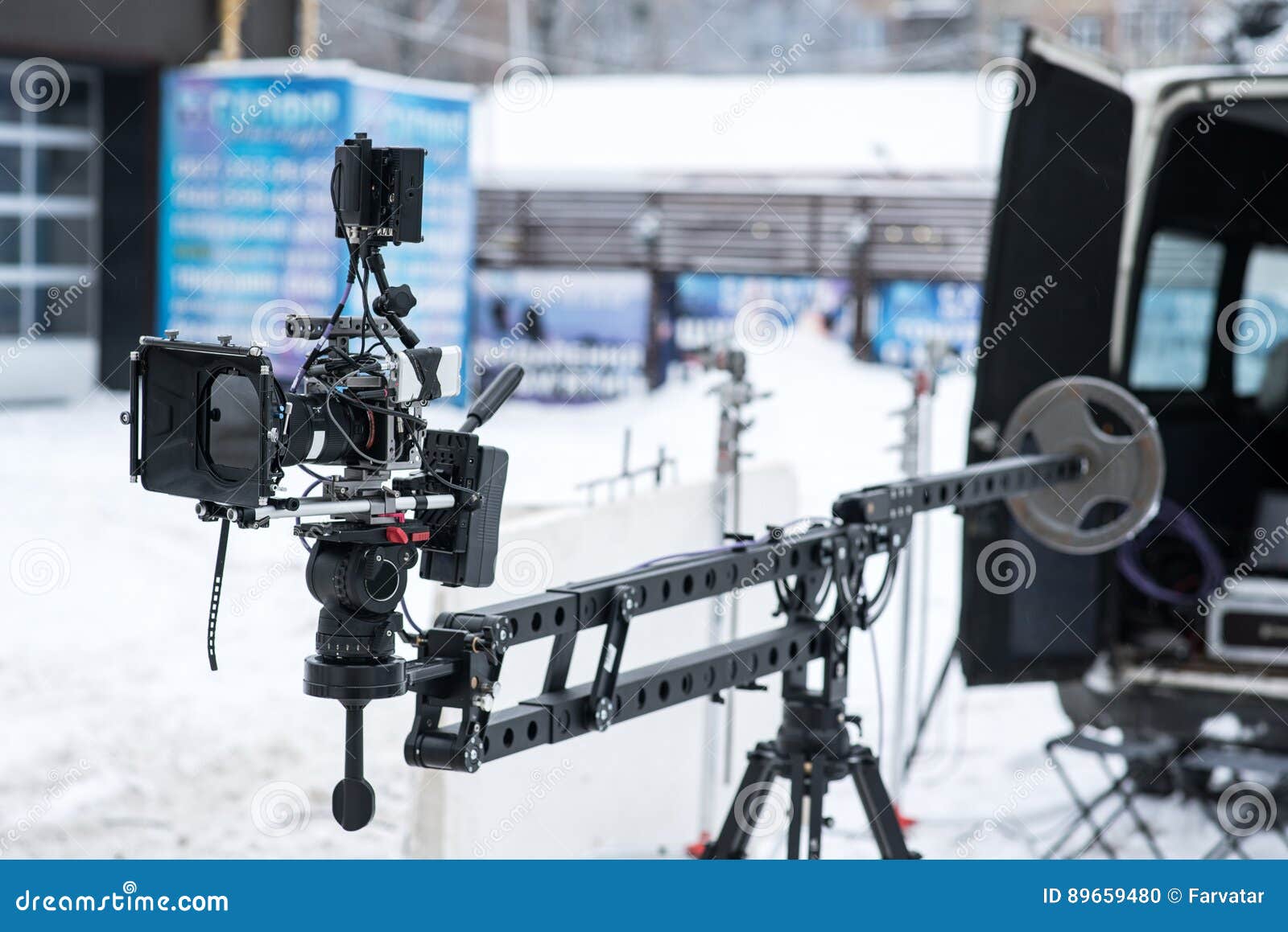 DSLR camera on crane stock photo. Image of recording - 89659480