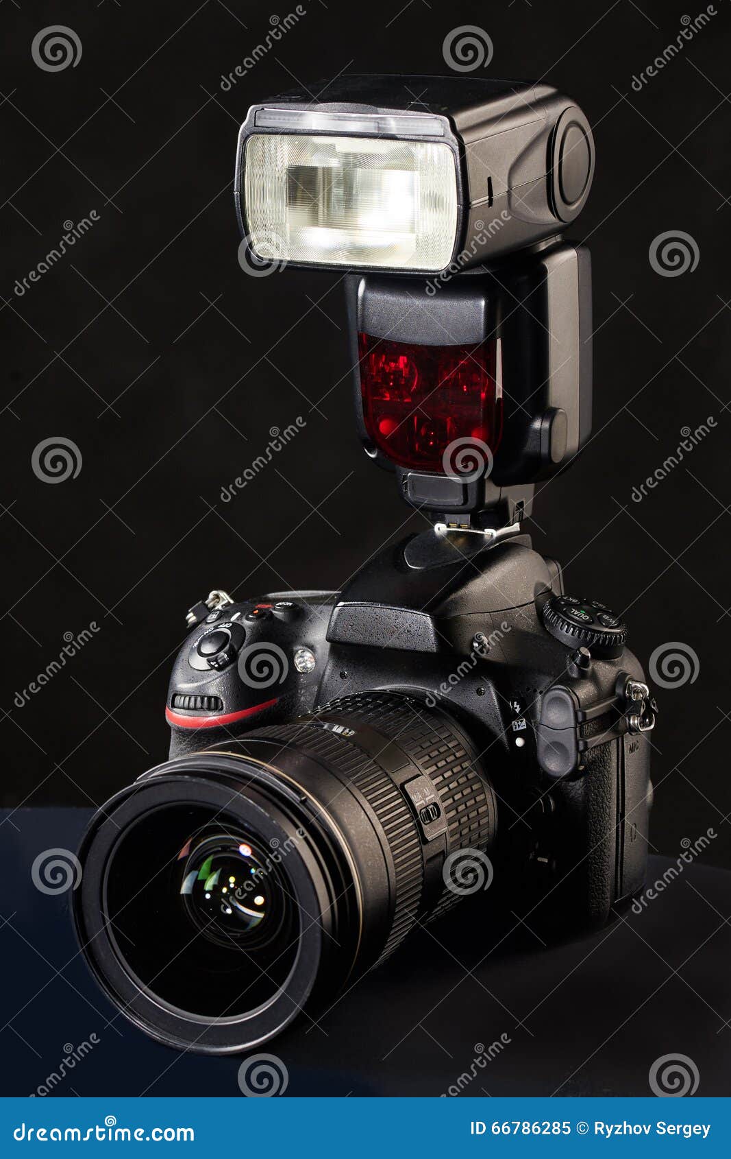DSLR Camera, Lens and Flash on Black Stock Image - Image of lens ...